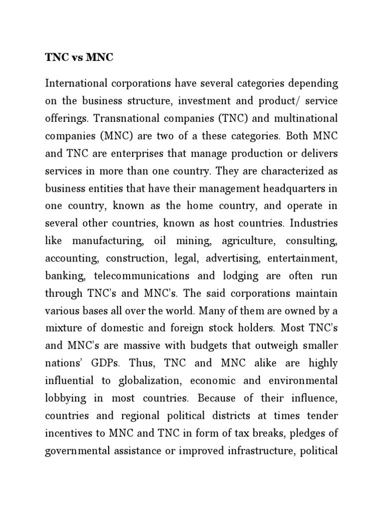 TNC Vs MNC | PDF | Multinational Corporation | Economies