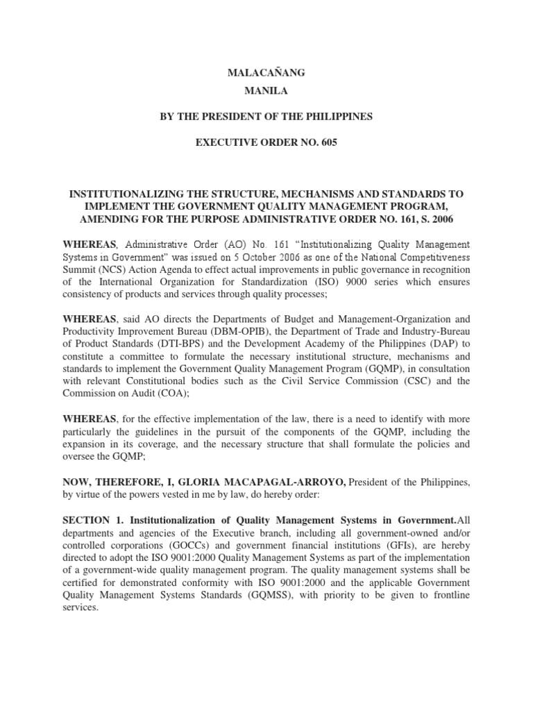 Executive Order 605 | PDF | Quality Management | Iso 9000