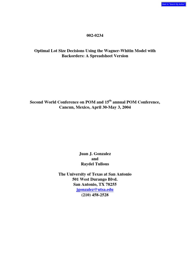 Optimal Lot Sizing Pdf Mathematical Optimization Spreadsheet