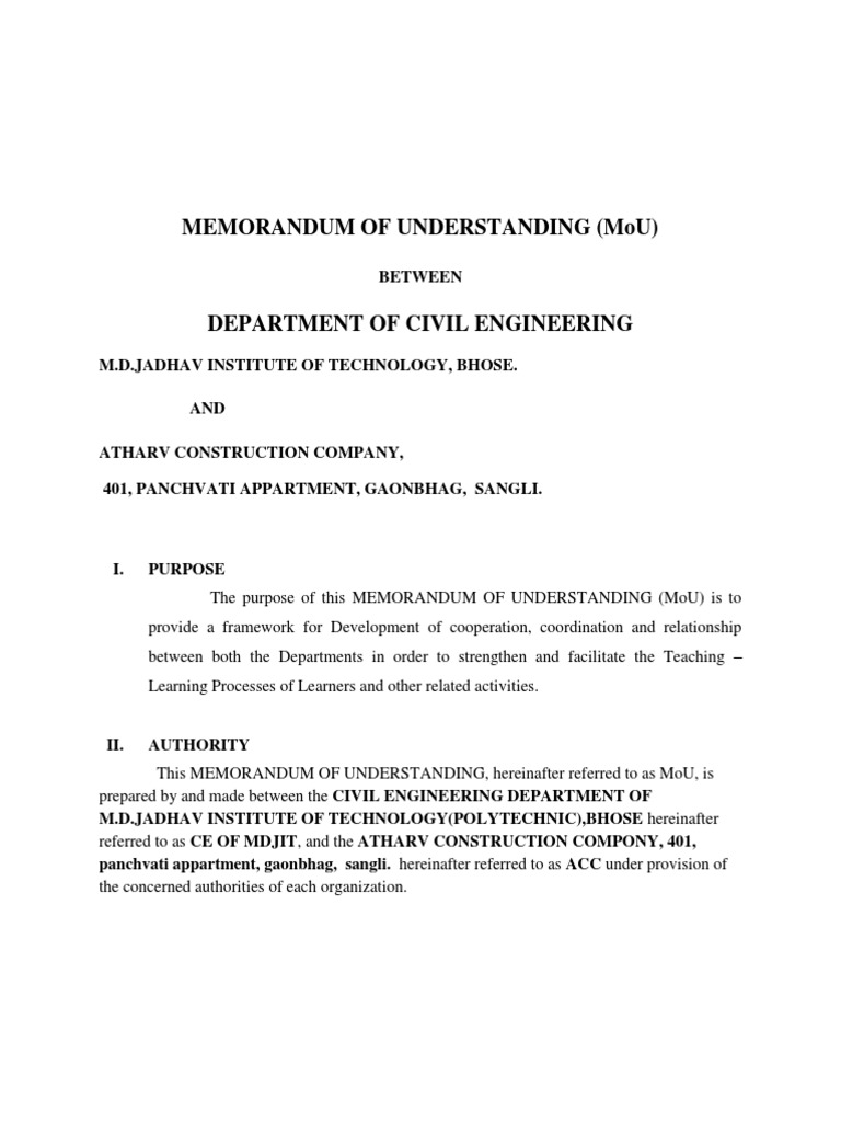 Mou Format Civil | Download Free PDF | Memorandum Of Understanding ...