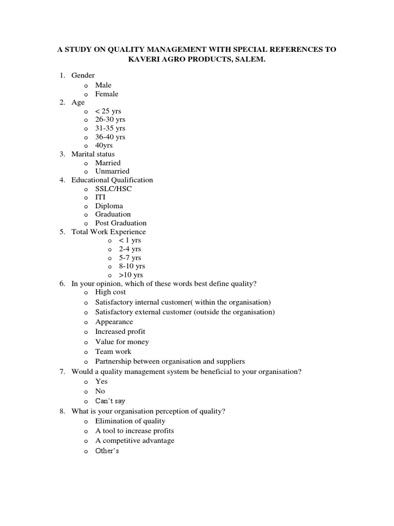 Quality Management Questionnaire | PDF | Quality Management ...