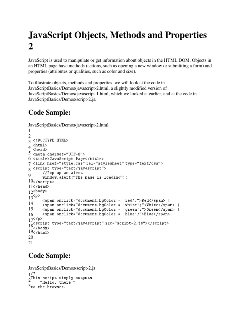 Javascript Objects Methods And Properties 2 Pdf Html Element Html