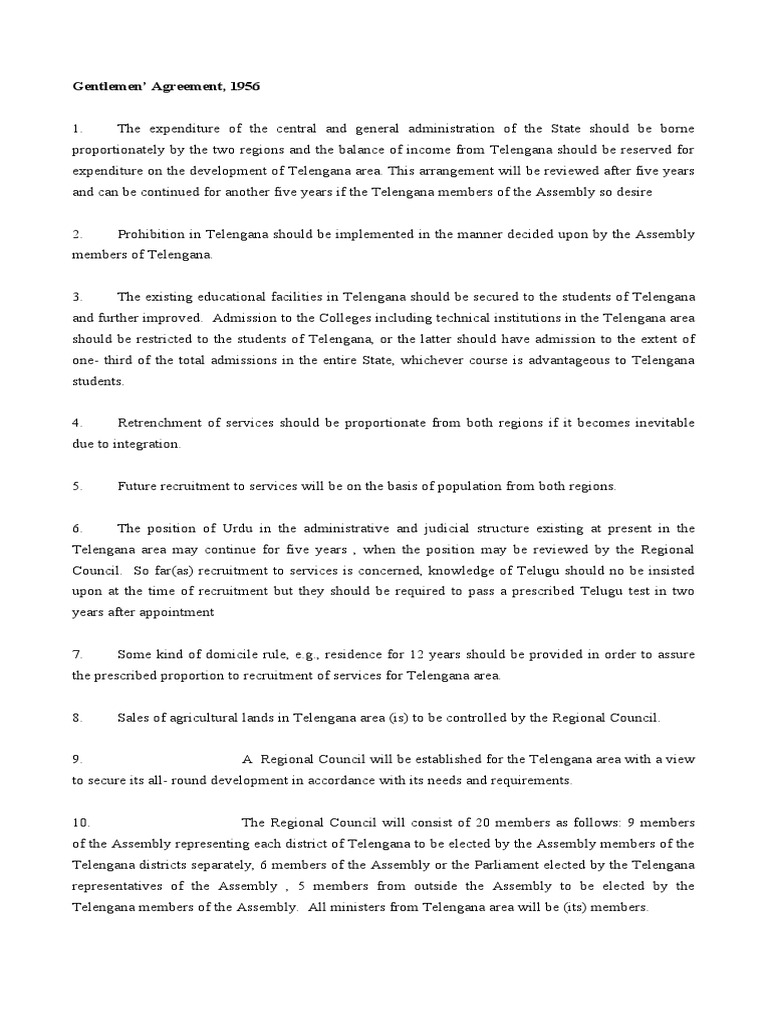 Telangana Gentlemen's Agreement Overview | PDF