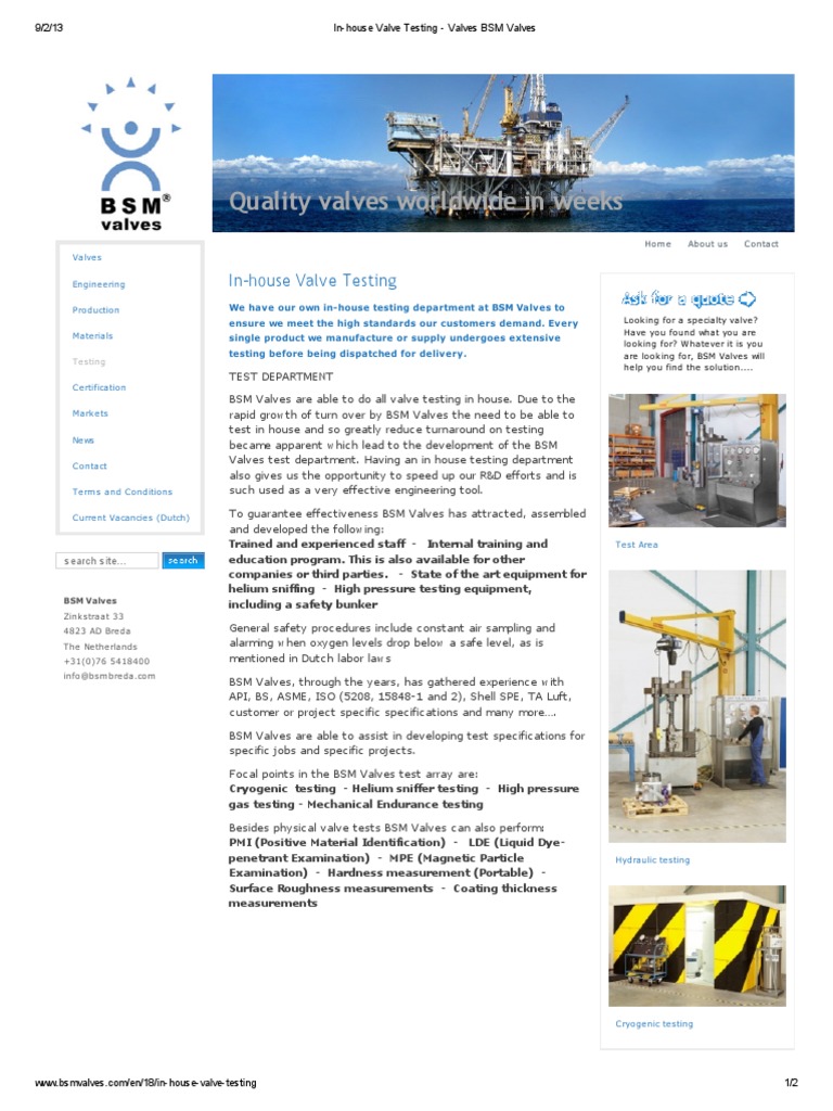 In-House Valve Testing - Valves BSM Valves | PDF | Helium | Valve