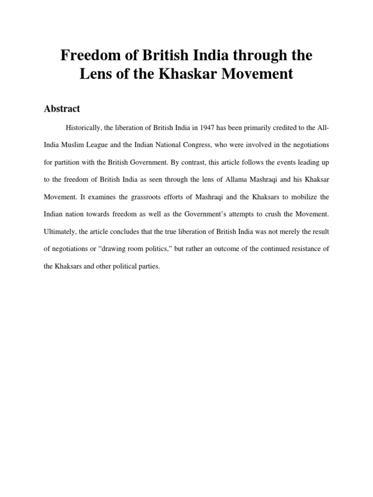 Freedom of British India Through The Lens of The Khaskar Movement | PDF ...