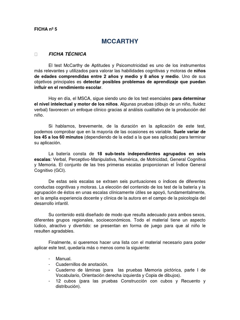 Test McCarthy de Aptitudes Infantiles | PDF | Memoria | Cociente de ...
