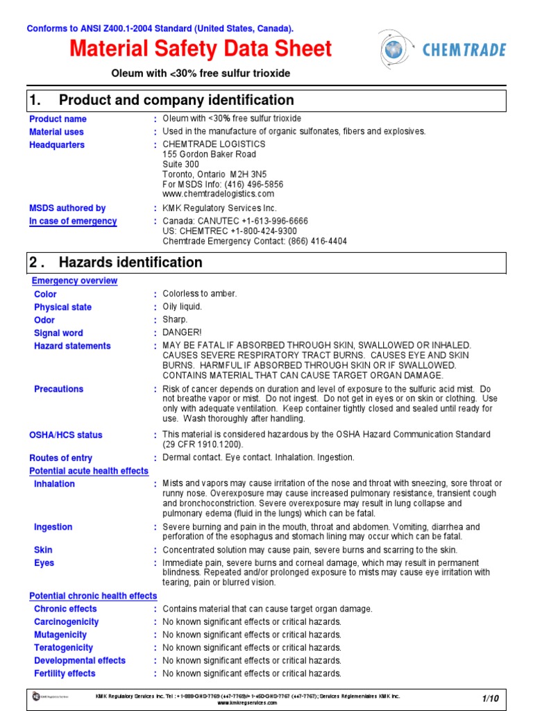 Oleum English | PDF | Sulfuric Acid | Toxicity