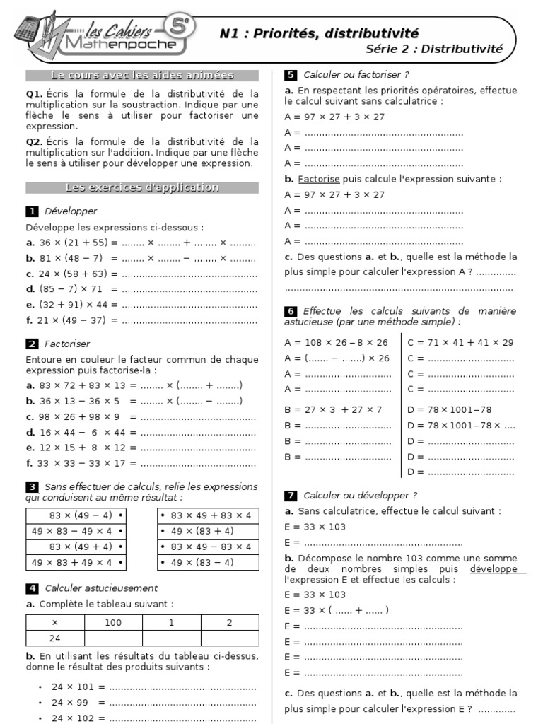 Exercices de Distributivité en Mathématiques | PDF | Multiplication | Pi