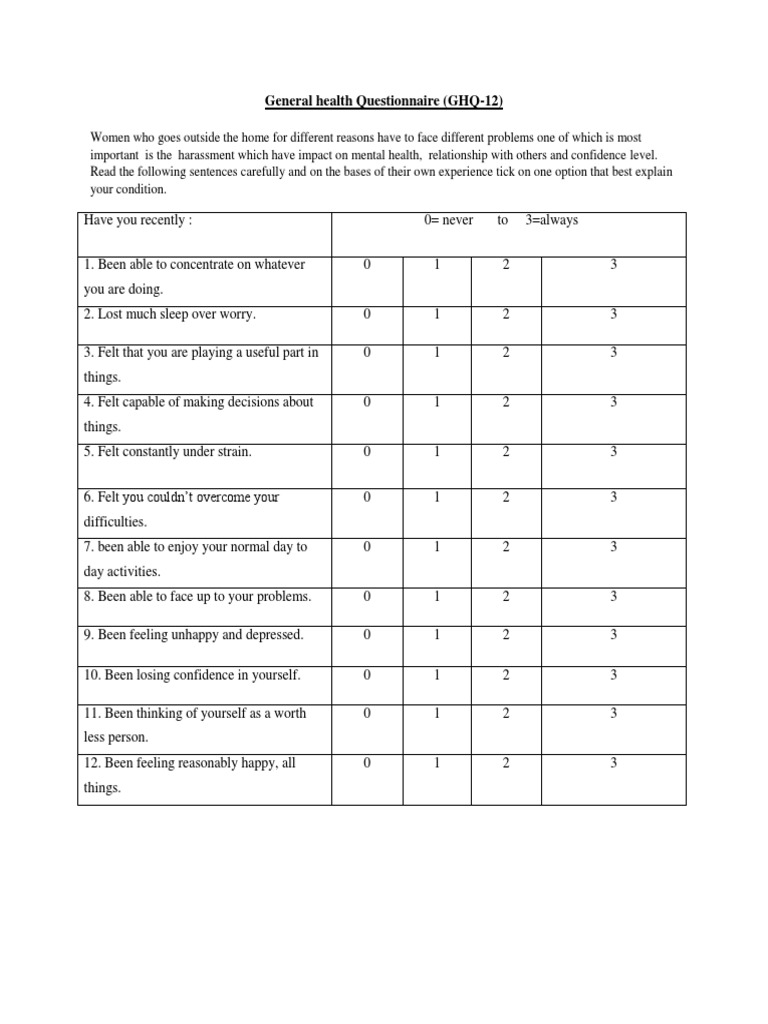 GHQ-12: Women's Mental Health Assessment | PDF | Career & Growth | Self ...