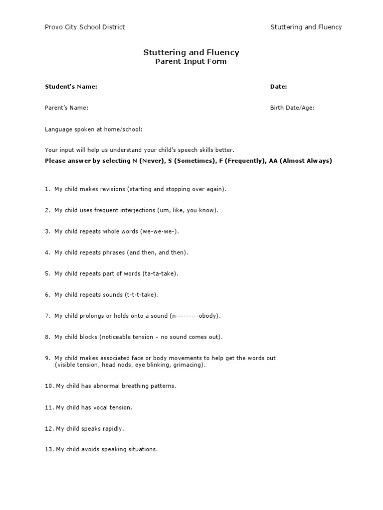 Parent Input Form for Stuttering Assessment | PDF | Stuttering | Fluency