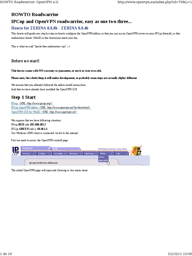 IPCop OpenVPN Roadwarrior Setup Guide | PDF | Port (Computer Networking) | Computer Architecture