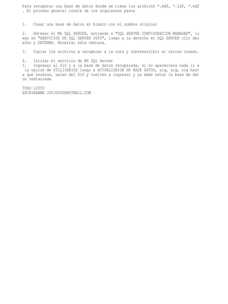 Recuperar Base de Datos MDF, LDF, NDF | PDF