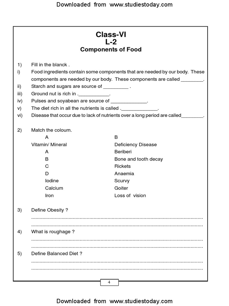 CBSE Class 6 Components of Food Worksheet | PDF | Wellness