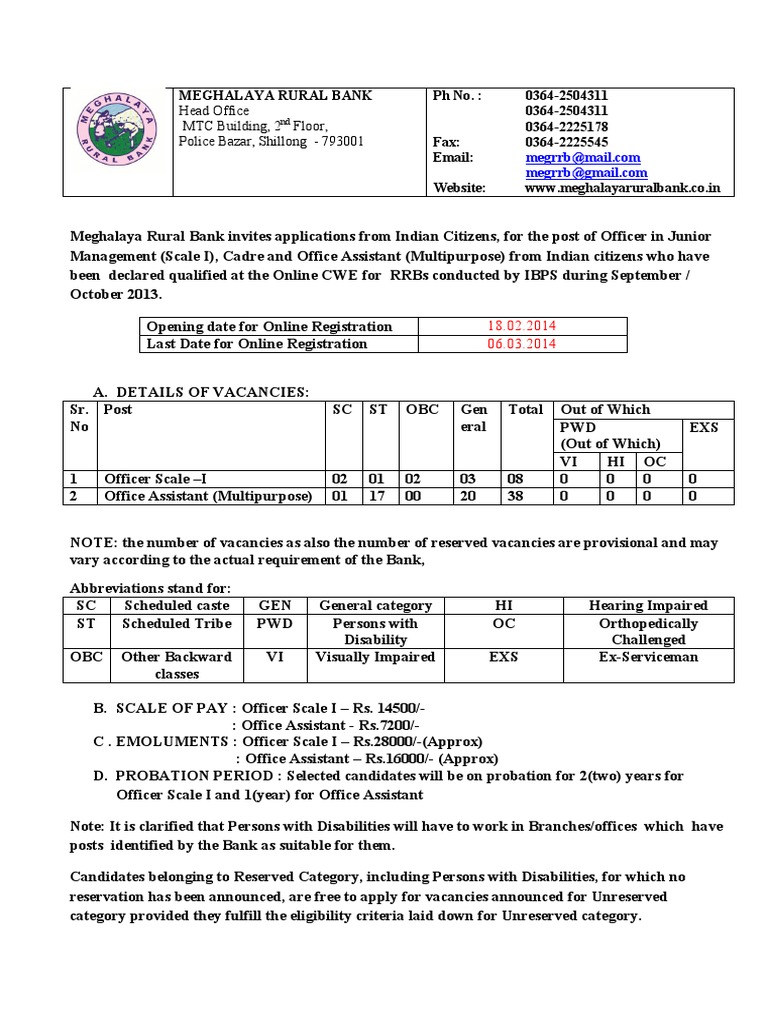 Meghalaya Rural Bank Job Notification - Officer in Jr. Management ...