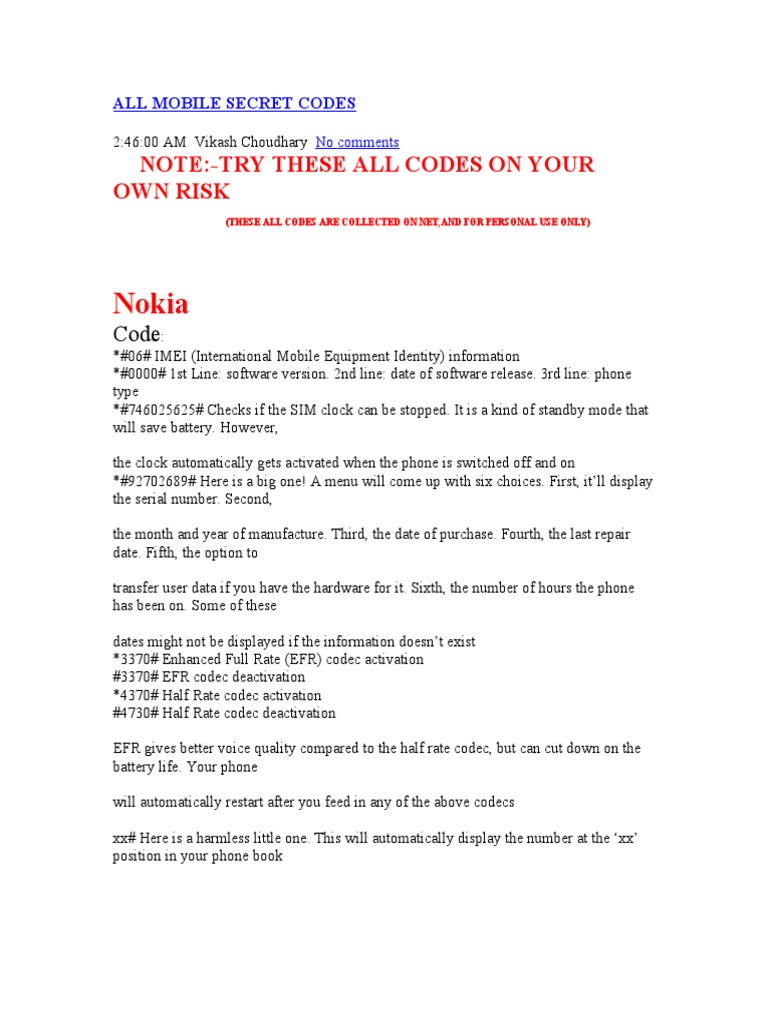 All Mobile Reset Code | Download Free PDF | Computing And Information ...