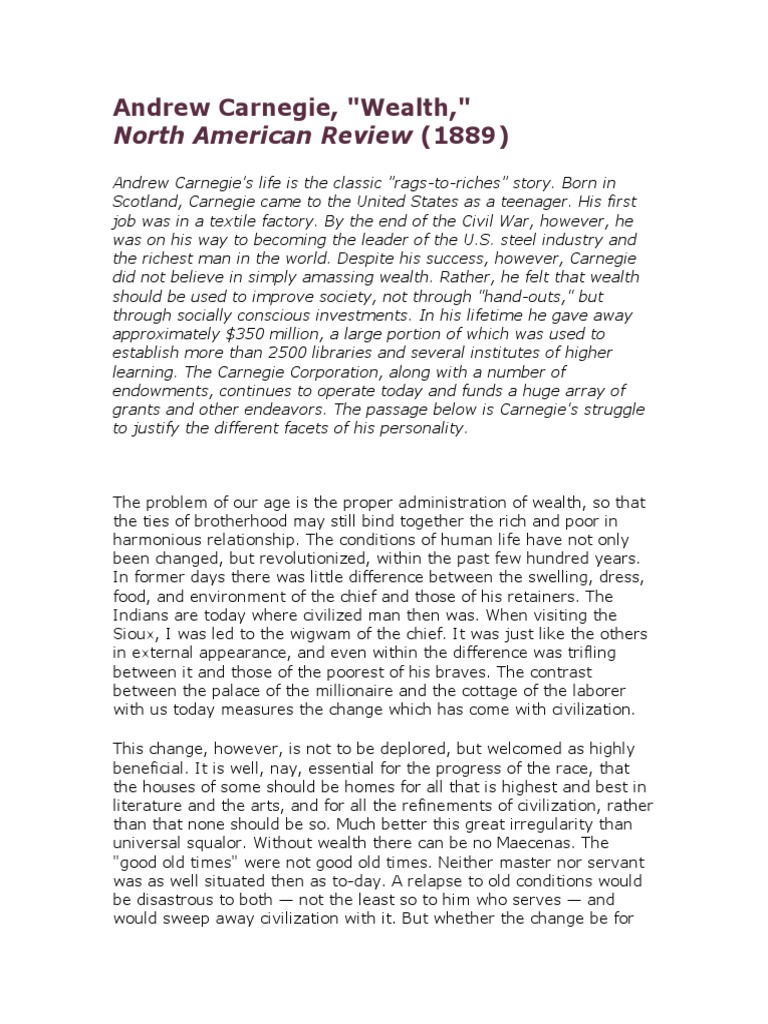 Andrew Carnegie Wealth and Its Uses | PDF | Andrew Carnegie | Economies