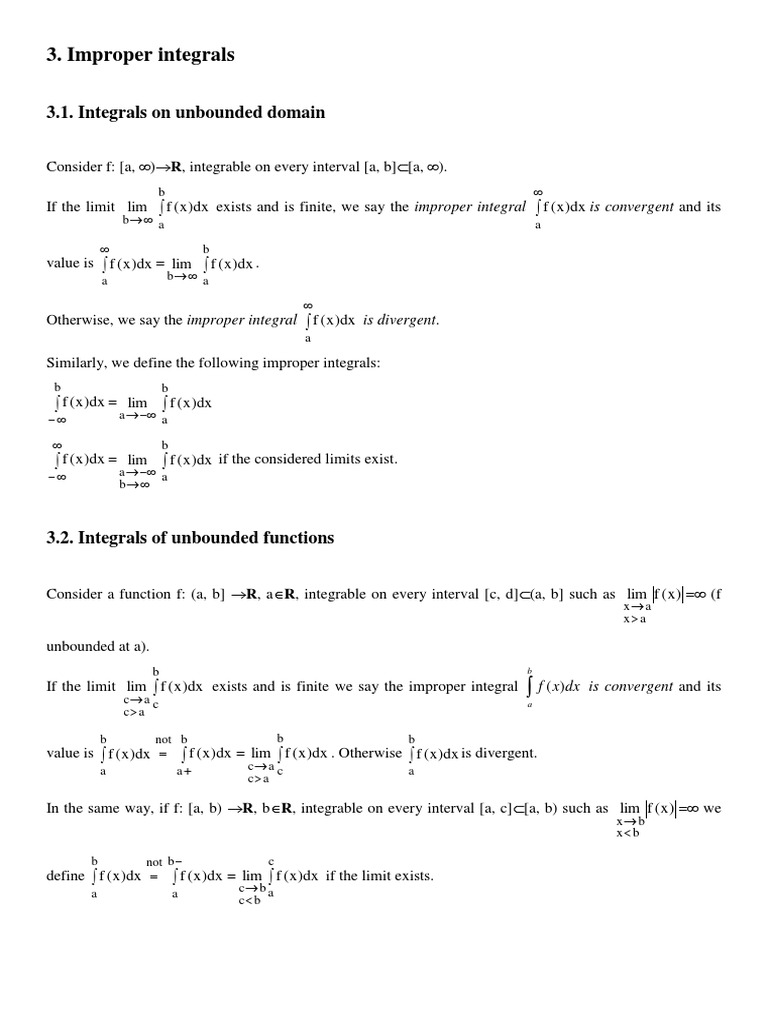 Improper Integrals: 3.1. Integrals On Unbounded Domain | PDF | Limit (Mathematics) | Integral