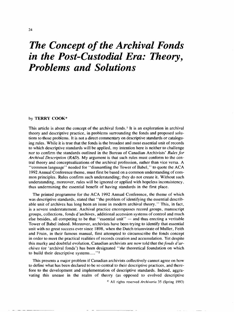 COOK, Terry - Concept of The Archival Fonds | PDF | Archivist | Archive