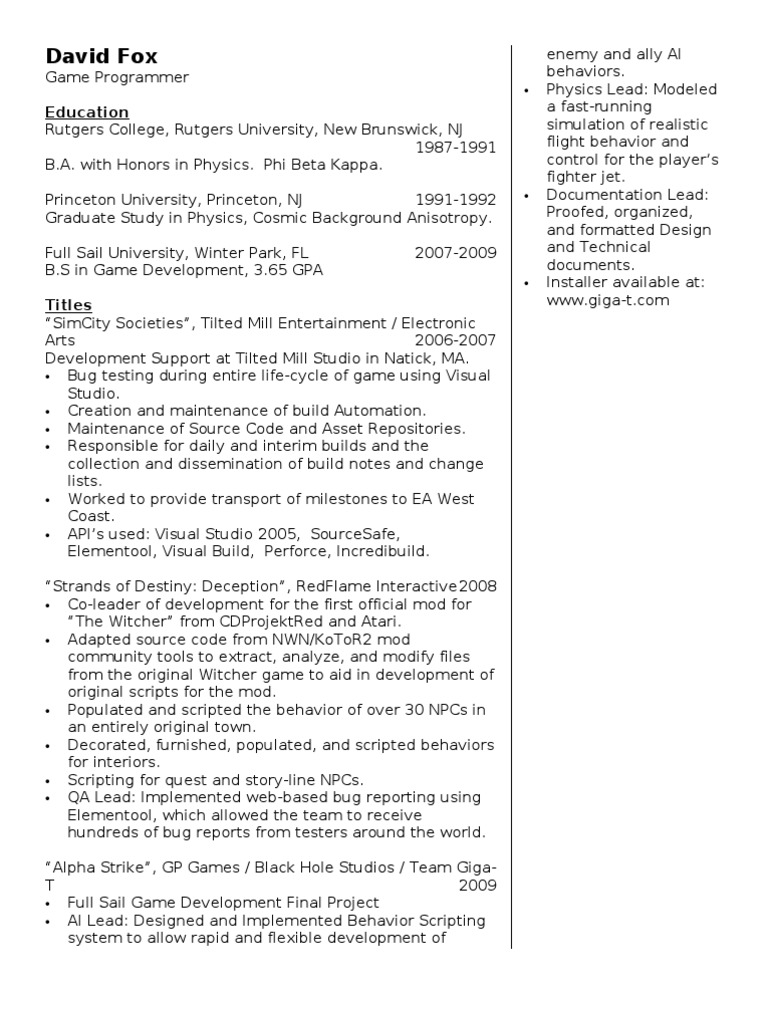 David Fox Resume 2 Pages | PDF | Scripting Language | Computer Programming