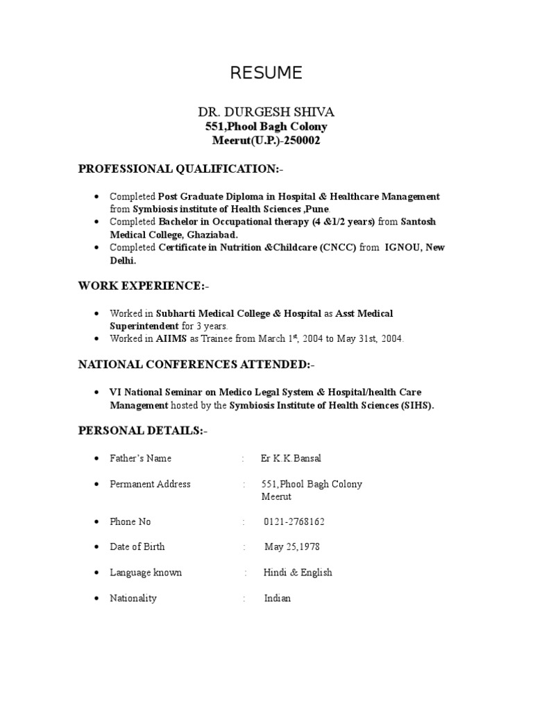 Resume: Dr. Durgesh Shiva | PDF