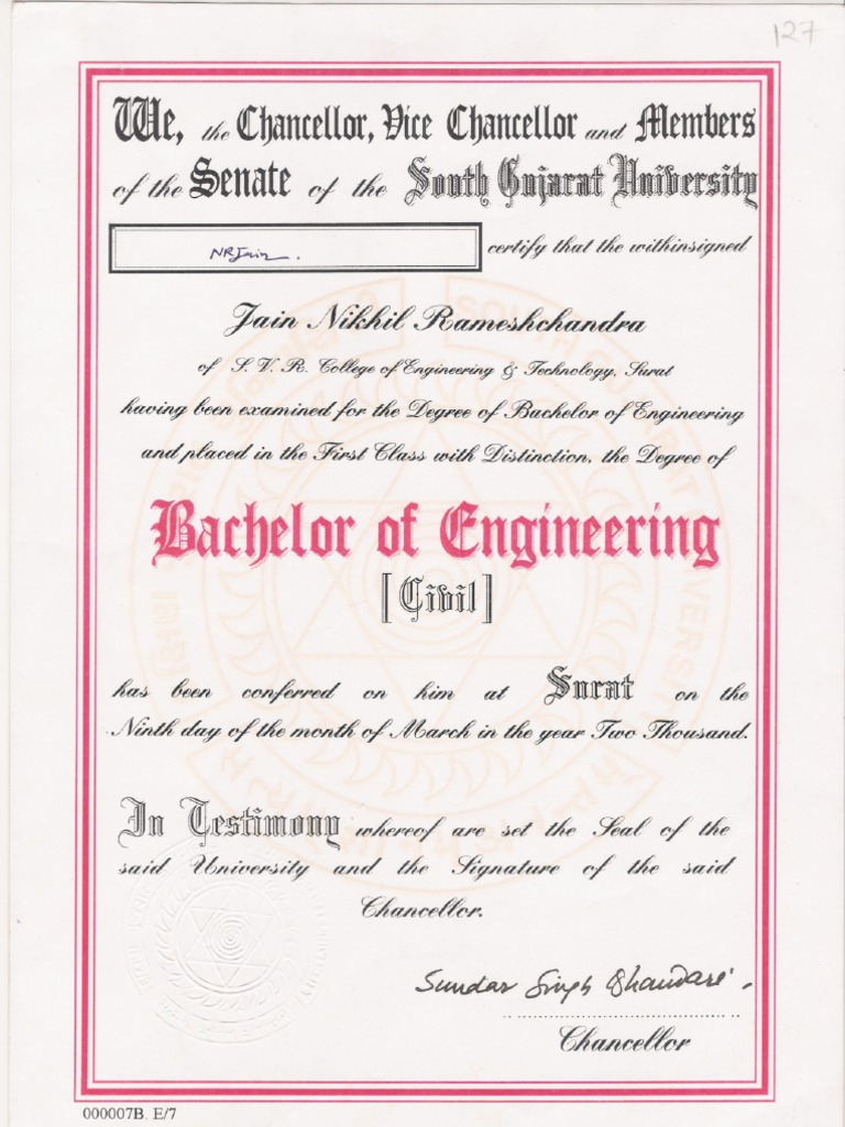 Bachelor of Engineering Certificate | PDF | Mechanical Engineering ...