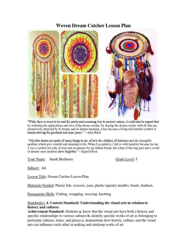 Dream Catcher Art Lesson Plan | PDF | Dream | Lesson Plan
