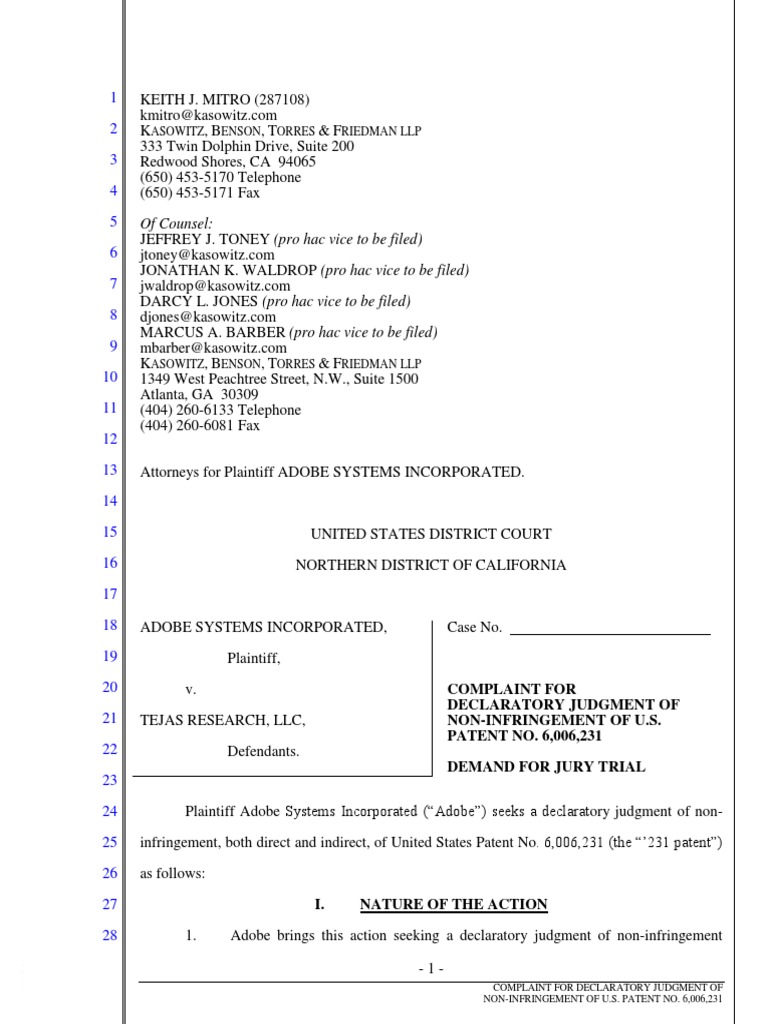 Adobe Patent Non-Infringement Complaint | PDF | Declaratory Judgment | Doctrine Of Equivalents