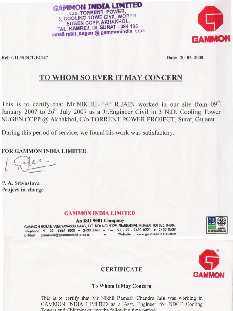 Gammon India Ltd. Certificate | PDF