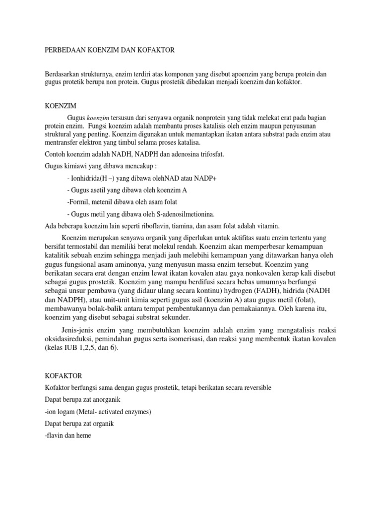 Perbedaan Koenzim Dan Kofaktor | PDF