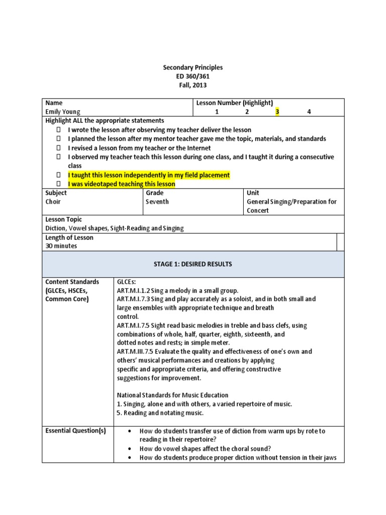 Middle School Choral Lesson Plan | PDF | Singing | Music Education
