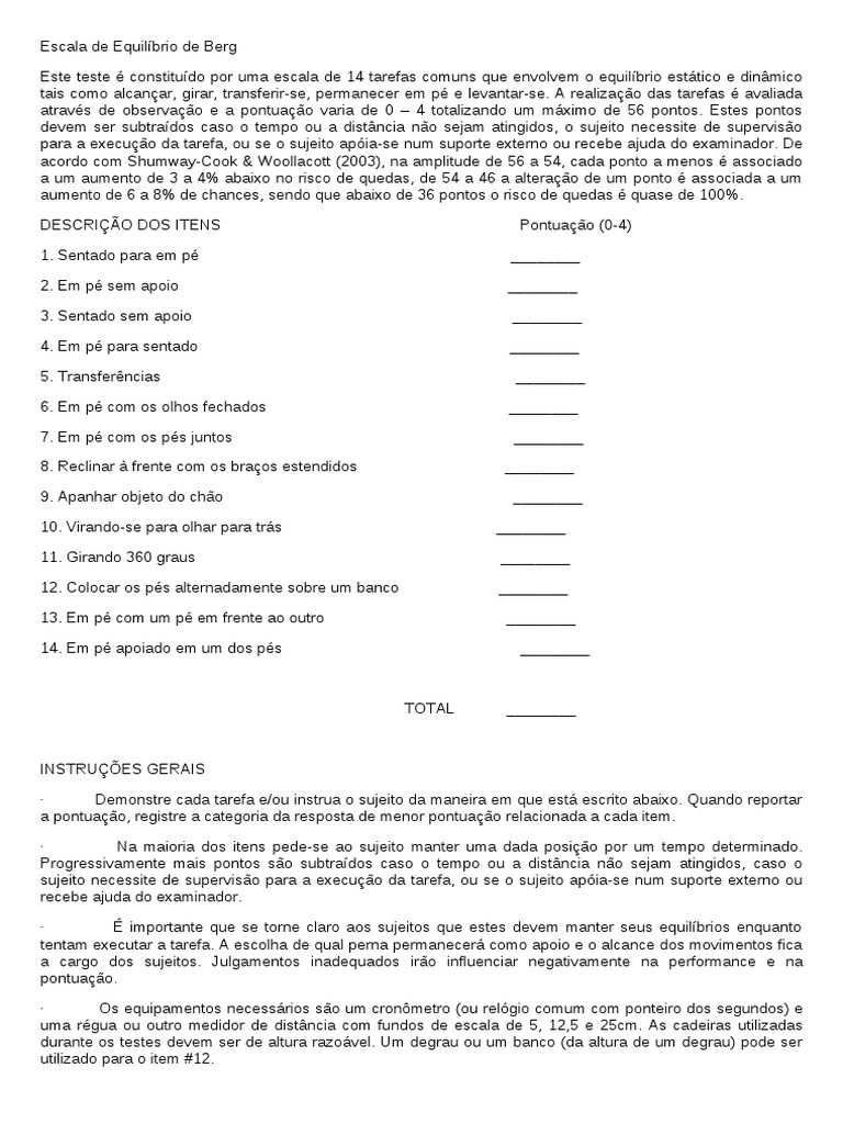 Escala de Equilíbrio de Berg: Descrição e Procedimento para Aplicação ...