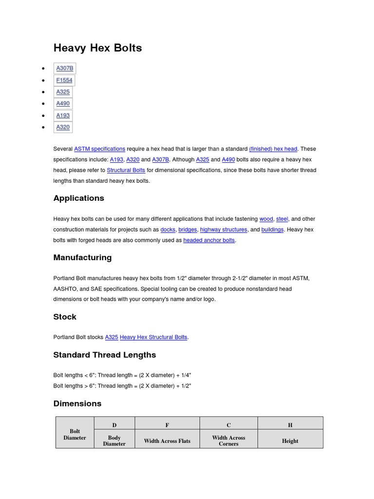 Heavy Hex Bolt Specifications and Sizes | PDF | Home & Garden ...