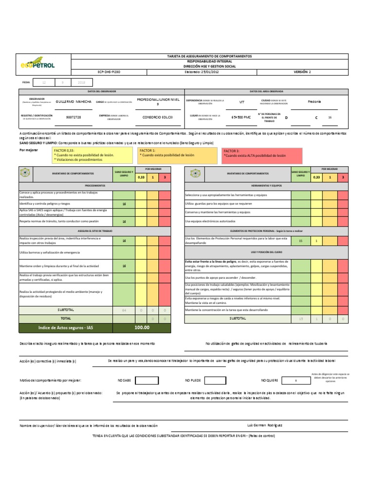 ECP-DHS-F-230 Tarjeta Aseguramiento Comportamiento V2 | PDF | Herramientas | Residuos