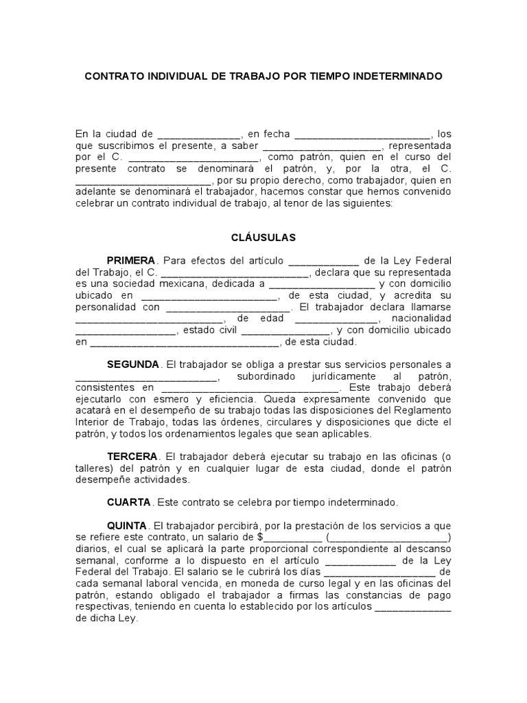 Contrato Individual de Trabajo Por Tiempo Indeterminado | Salario ...