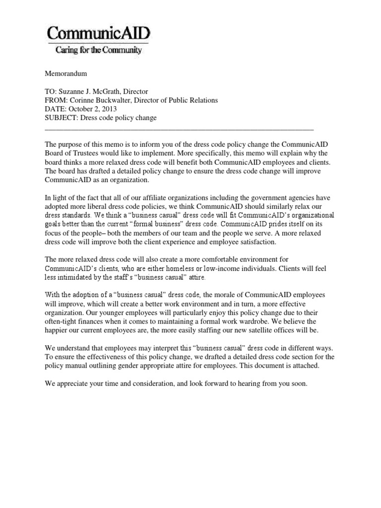 Employee Dress Code Policy Dress Code Memo | PDF | Board Of Directors
