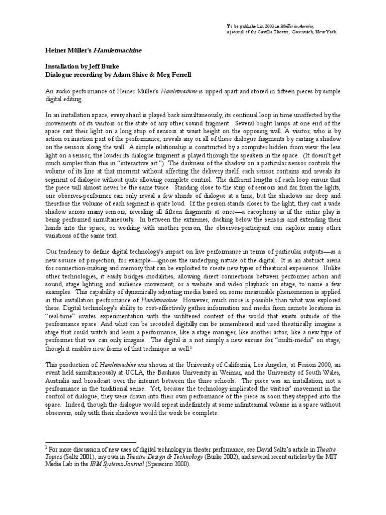 Burke 2002 Shadows of Hamletmachine | PDF | Installation Art | Theatre
