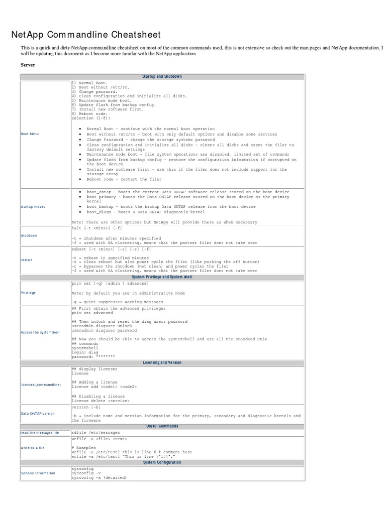 NetApp Commandline Cheatsheet | PDF | File Transfer Protocol | Booting