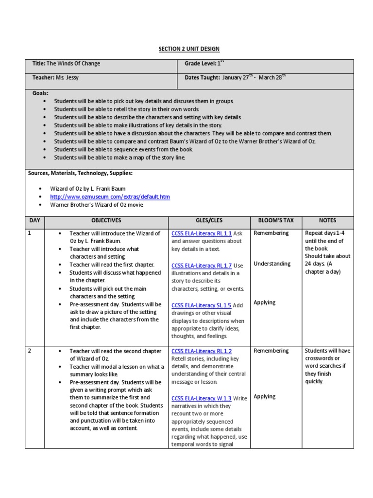 Winds of Change Unit Plan With Written Out Ccss | PDF | Land Of Oz ...