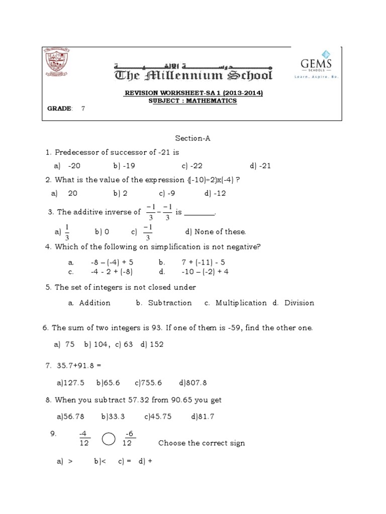 Revision Worksheet-Sa1 Grade - 7 (2013-2014) Maths | PDF | Integer ...