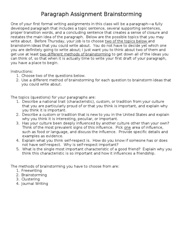 Paragraph Assignment Brainstorming | PDF