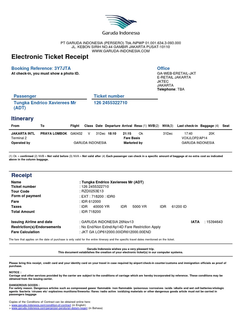 Garuda Indonesia Electronic Ticket Receipt | PDF | Ticket (Admission ...