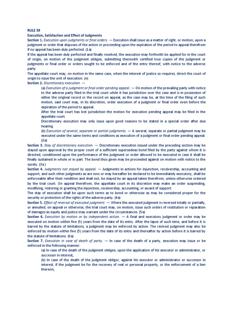 Execution of Judgments: Rule 39 Overview | PDF | Garnishment | Judgment ...