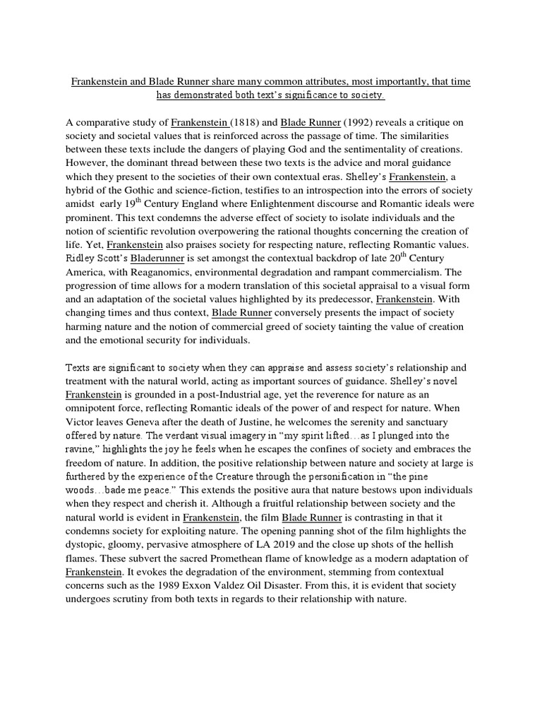 Frankenstein and Blade Runner Essay | PDF | Frankenstein | Romanticism