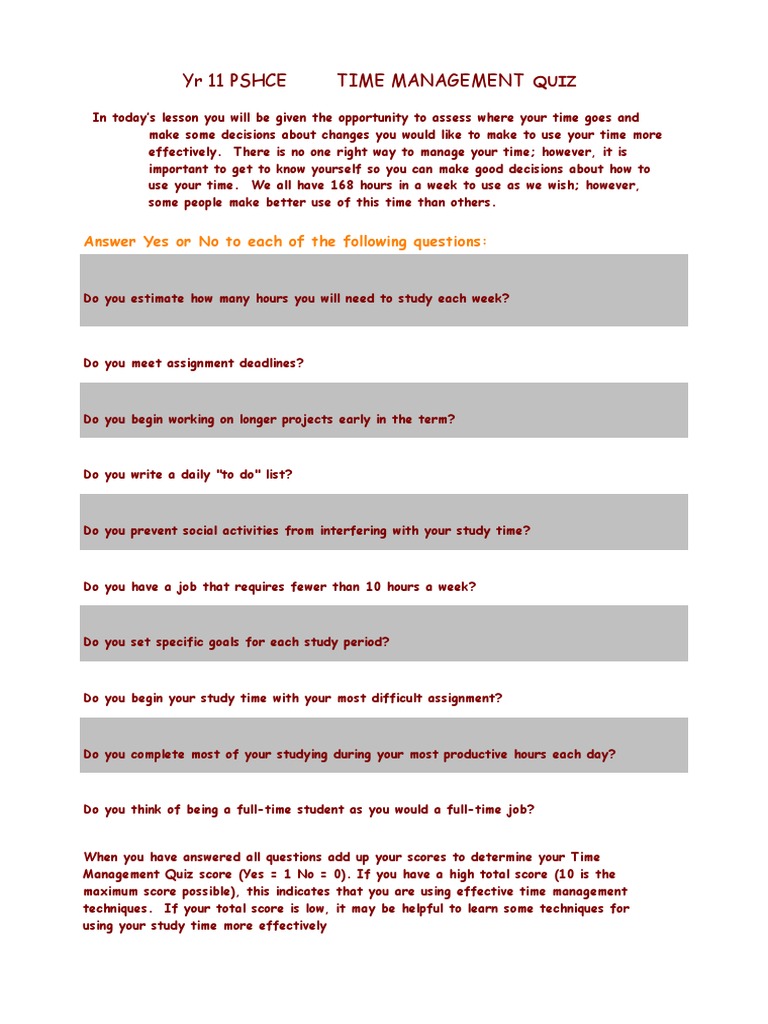 Time Management Quiz for Students | PDF