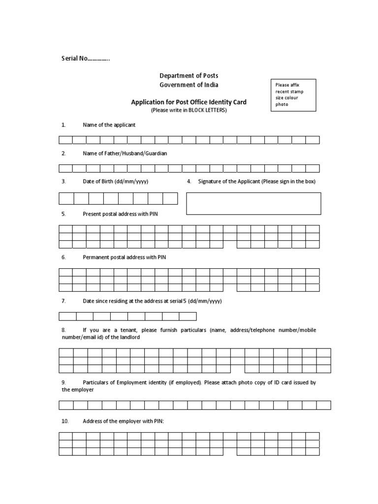 Application Form For Post Office ID Card | PDF | Signature | Identity ...