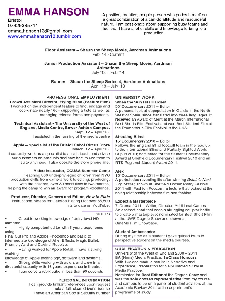 Emma Hanson CV Feb 2014 | Download Free PDF | Documentary Film ...