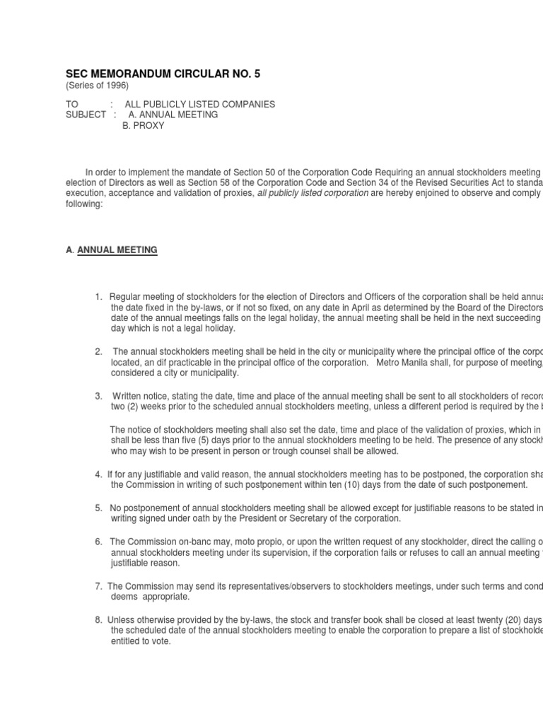 Sec Memorandum Circular No 5 | PDF | Proxy Voting | Stocks