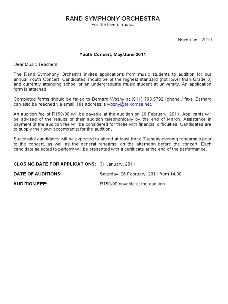 2011 Youth Concert Application | PDF | Audition | Orchestras