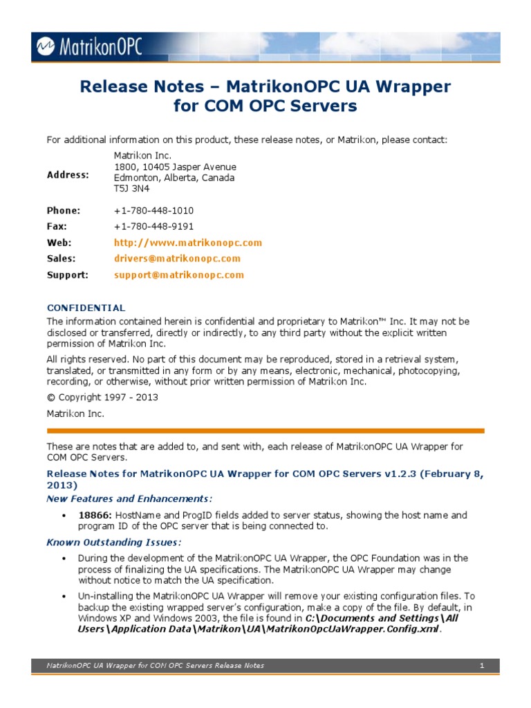 MatrikonOPC UA Wrapper For COM OPC Servers Release Notes | PDF ...