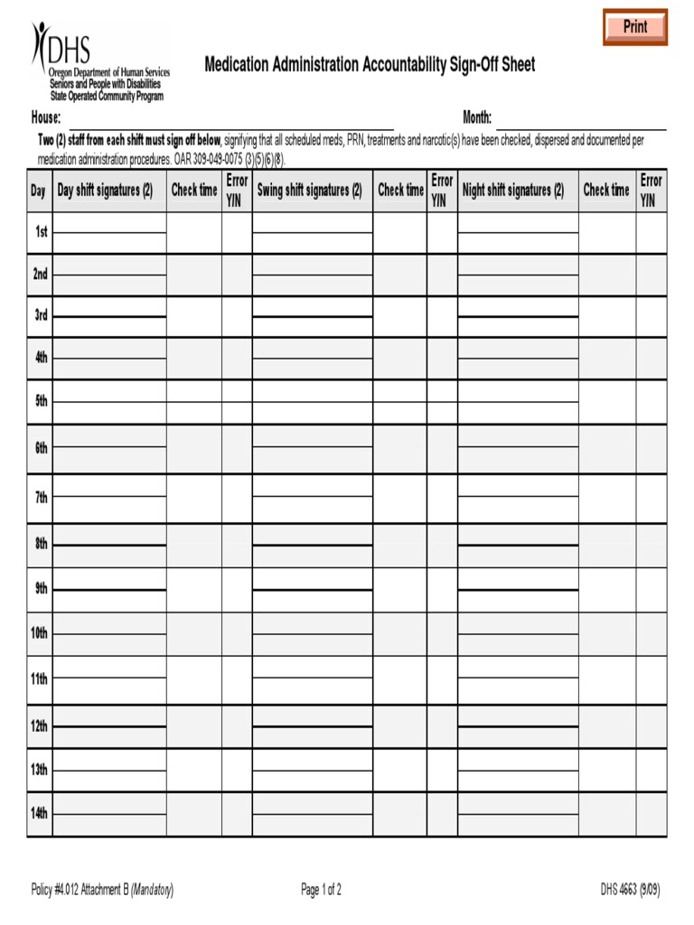 Medication Administration Sign-Off Sheet | PDF | Self-Improvement
